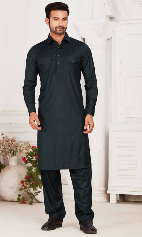 Bottle Green Pathani Set with Shalwar – Premium Cotton Fabric for a ...